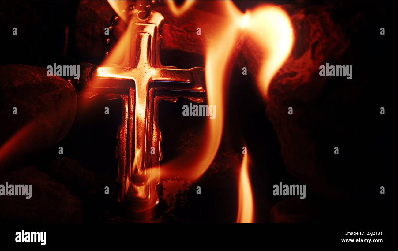 Christianity Religion Symbol Cross in Fire Stock Photo - Alamy