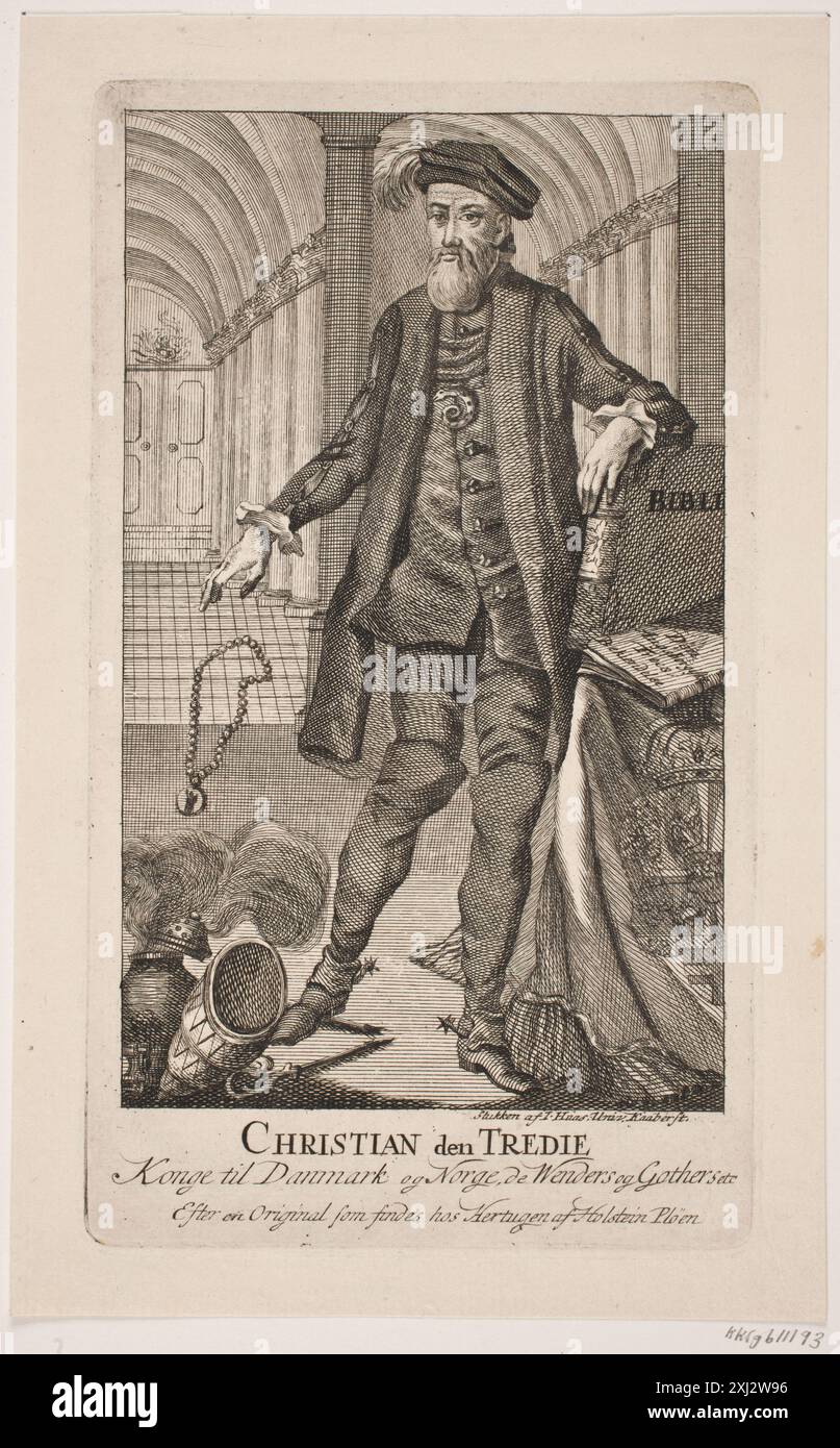 Copper engraving by Jonas Haas depicts Christian III, showing royal ...