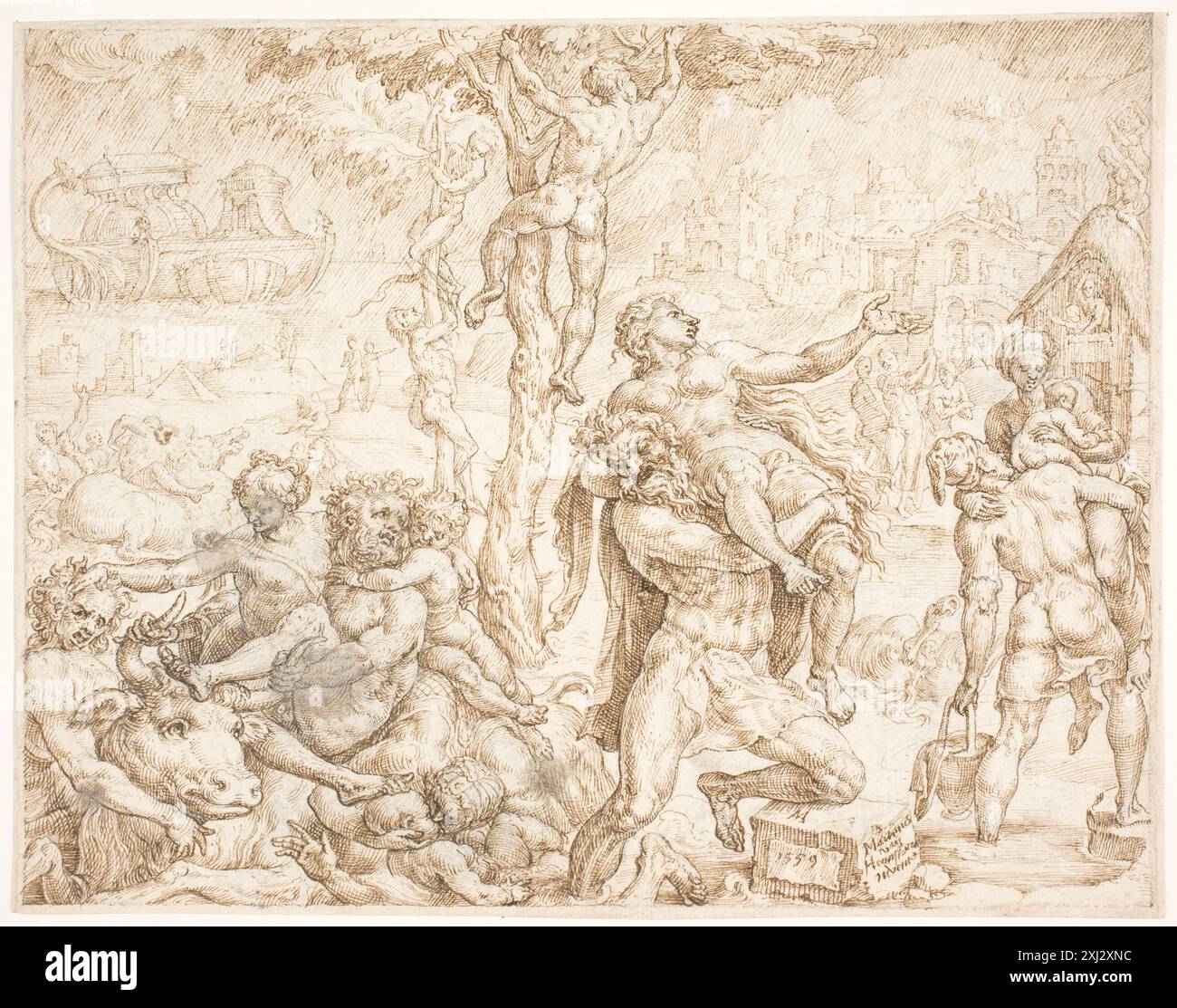 Drawing by Maarten van Heemskerck depicting the biblical Flood, showing ...
