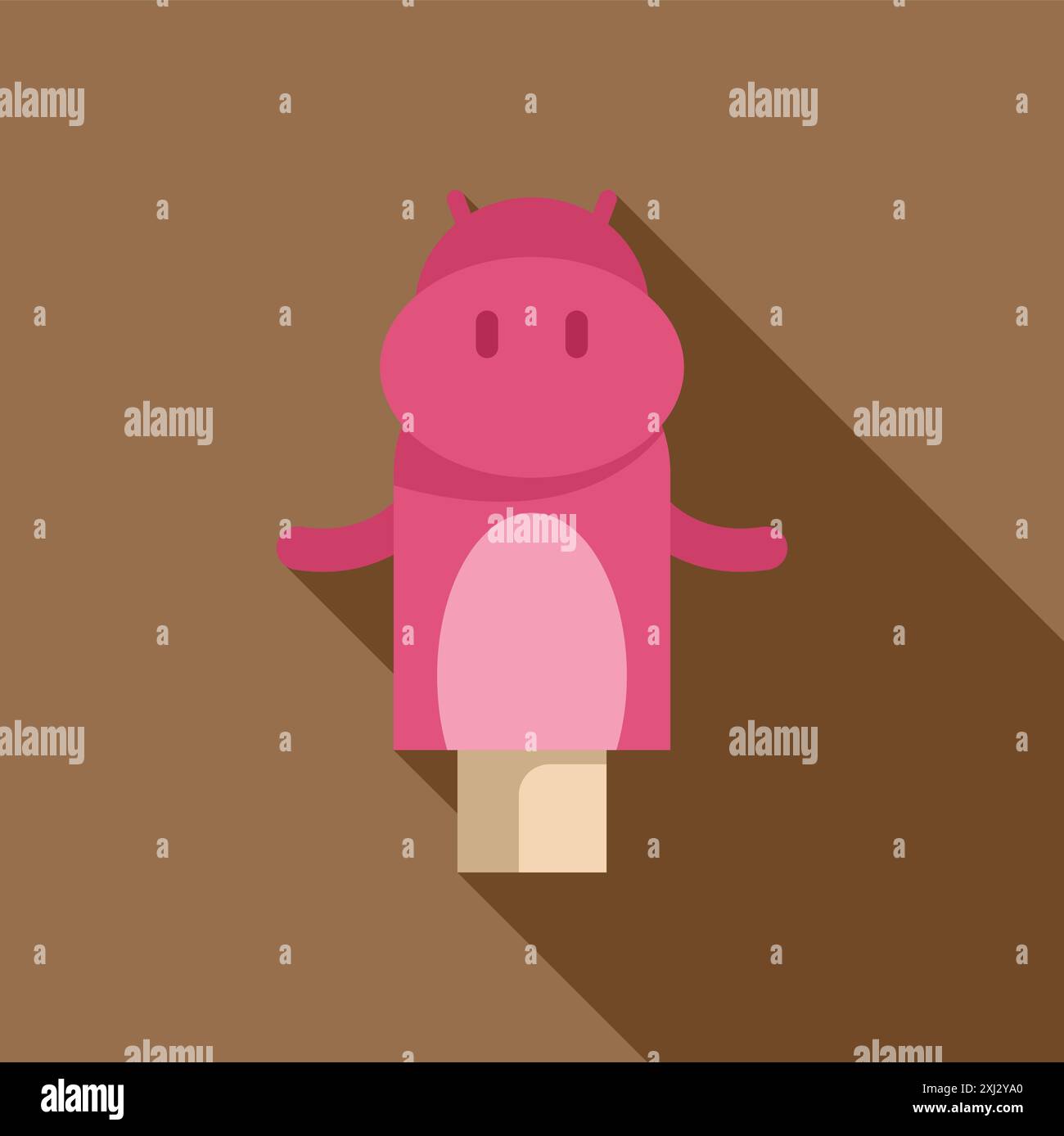 Pink hippo hand puppet posing with arms raised on brown background ...
