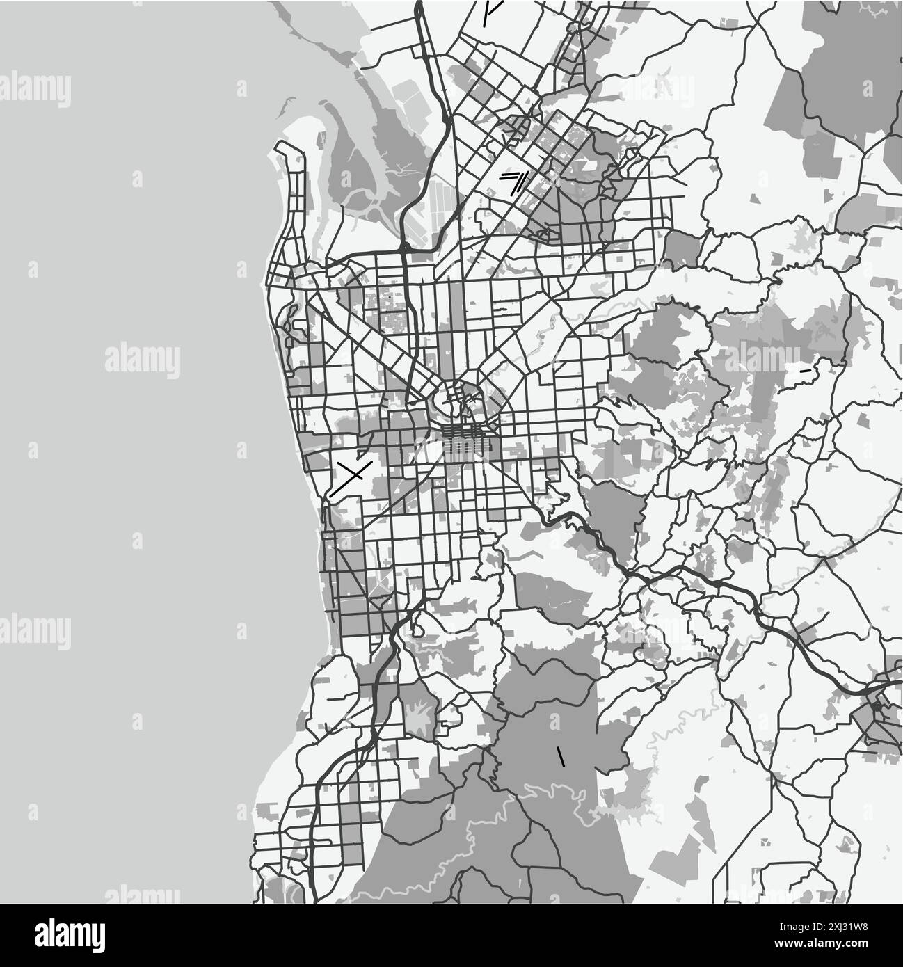 Map of Adelaide in Australia in grayscale. Contains layered vector with roads water, parks, etc ...