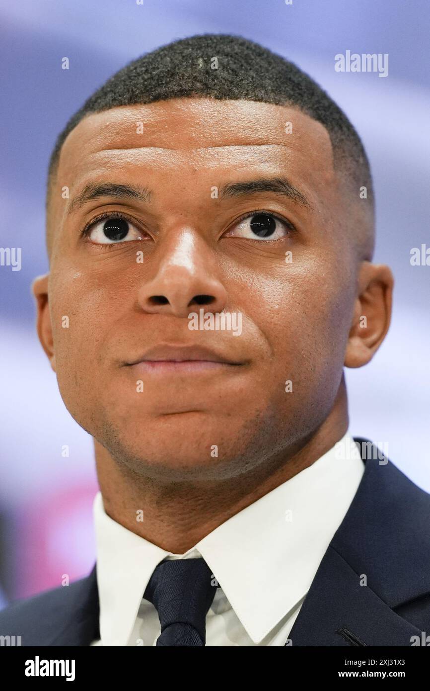 Kylian Mbappe seen during the press conference duirng his presentation ...