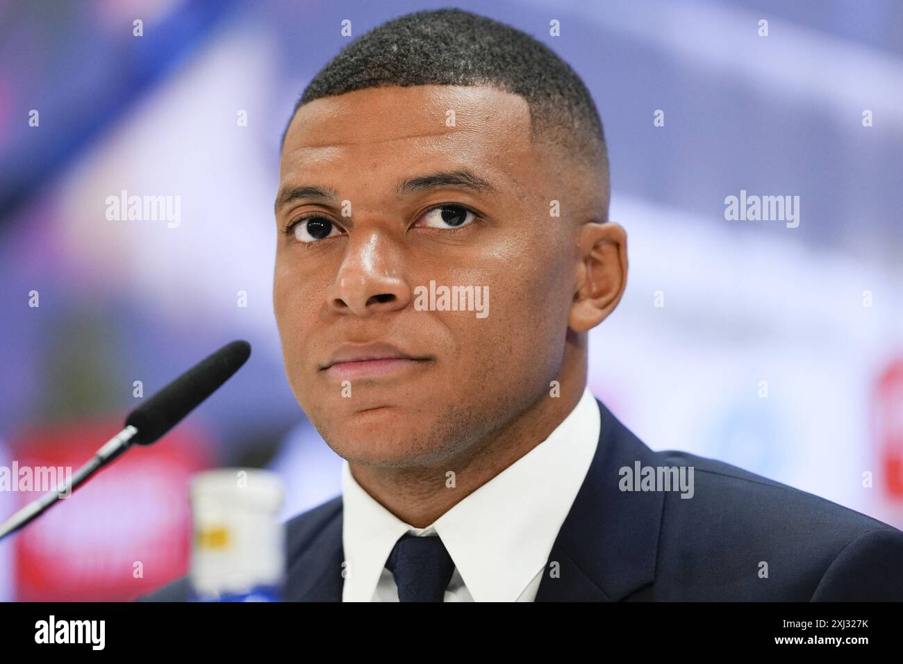 Kylian Mbappe seen during the press conference duirng his presentation ...