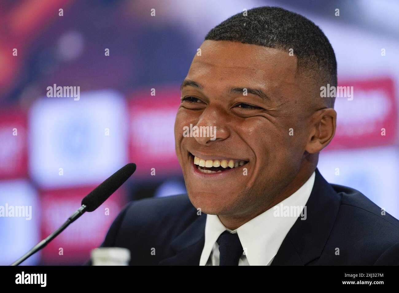 Kylian Mbappe seen during the press conference duirng his presentation ...