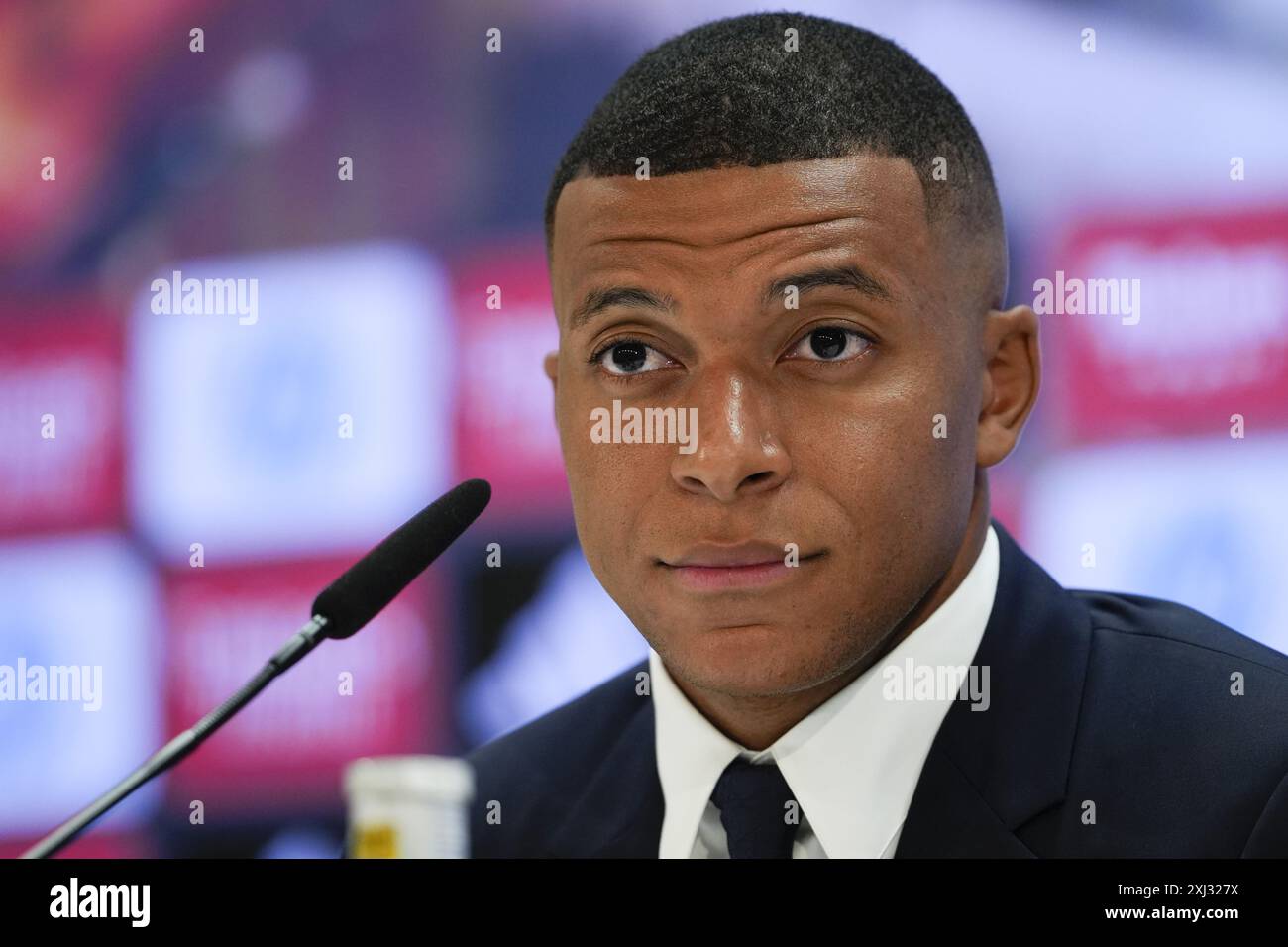 Kylian Mbappe seen during the press conference duirng his presentation ...