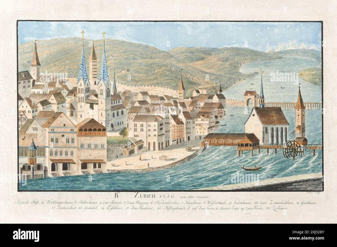 art work reproduction, view of Zurich, 1256, right bank of the river ...