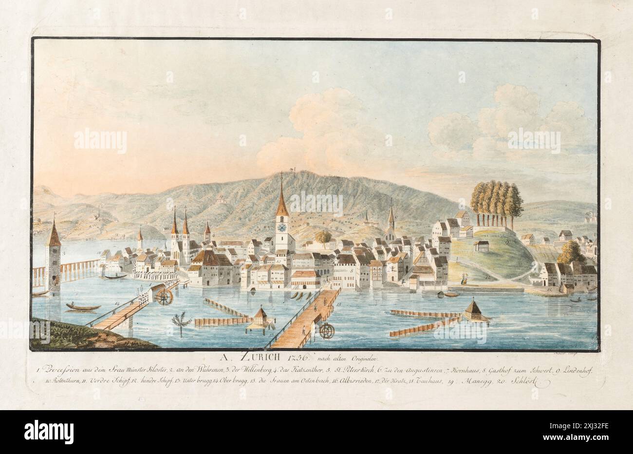 art work reproduction, view of Zurich, 1256, left bank of the Limmat ...
