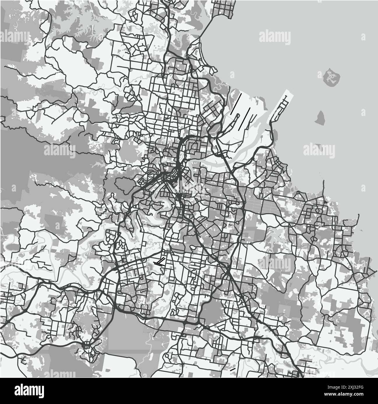 Map of Brisbane in Australia in grayscale. Contains layered vector with ...