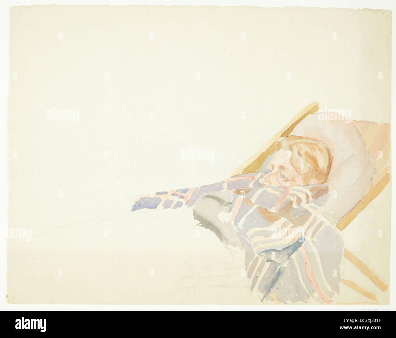 Young man wrapped in plaid, lying in a sun lounger Hansen, Peter 1868 ...
