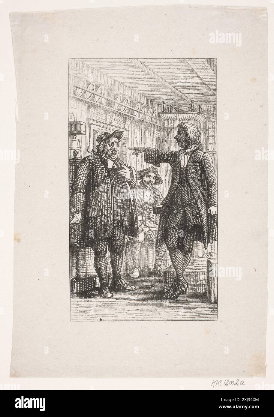 A woodcut print depicting a scene from Holberg's play 'Erasmus Montanus ...
