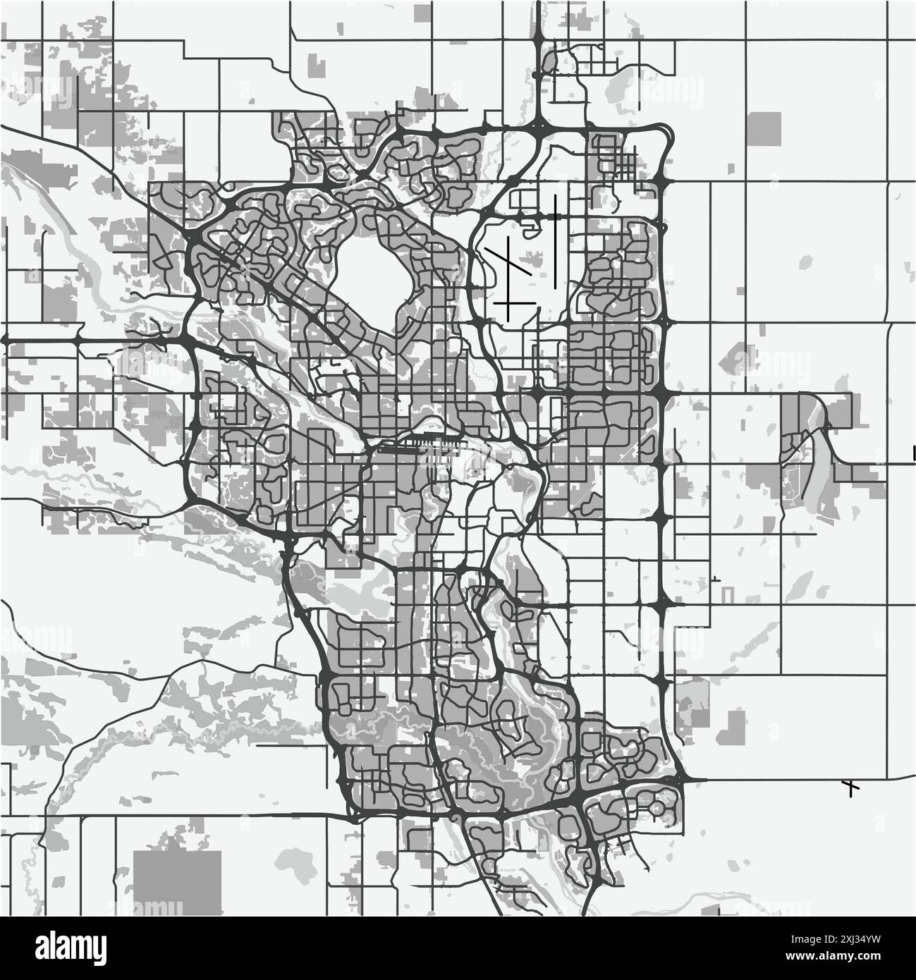 Map of Calgary in Canada in grayscale. Contains layered vector with roads water, parks, etc ...