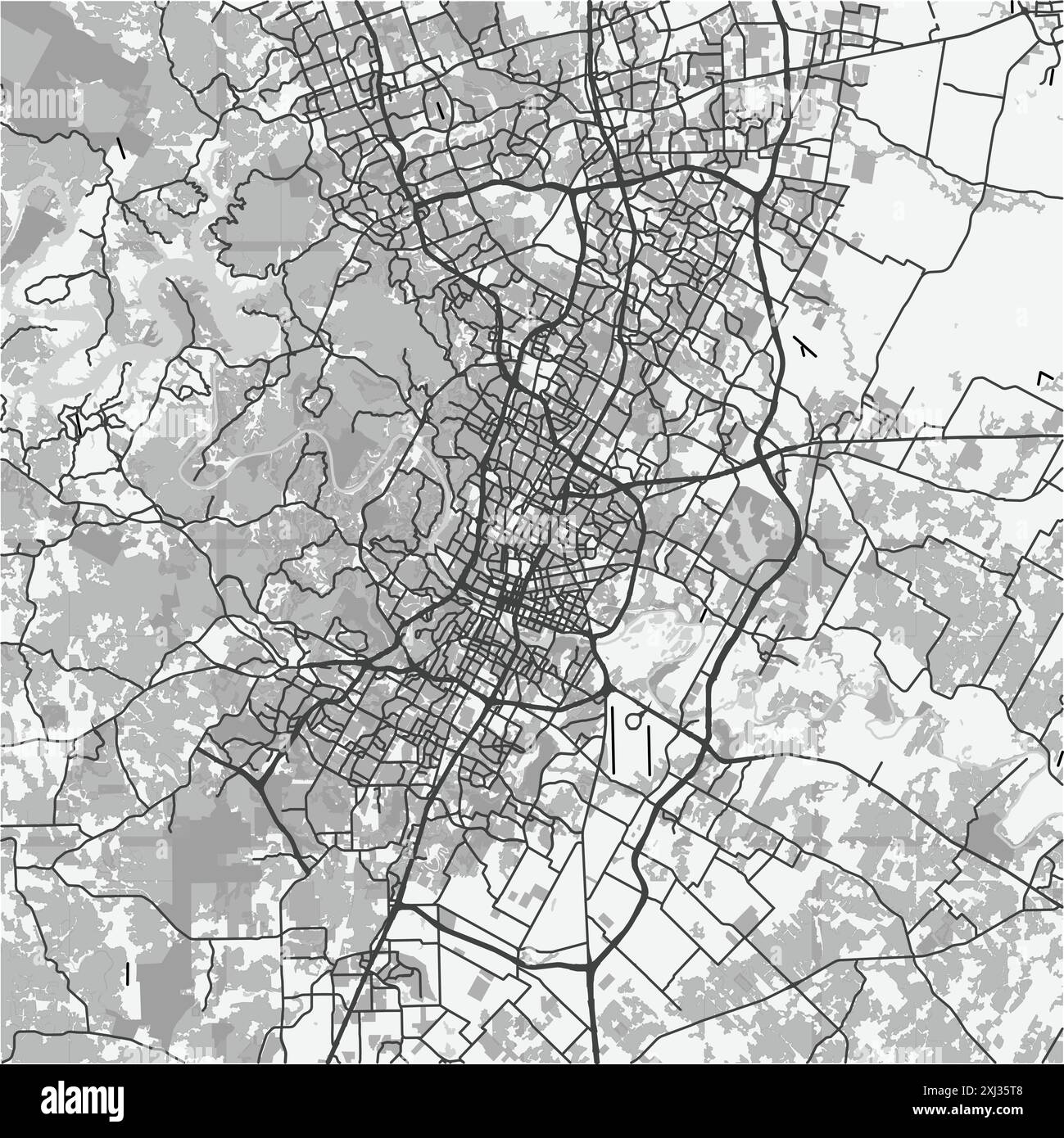 Map of Austin in Texas in grayscale. Contains layered vector with roads ...