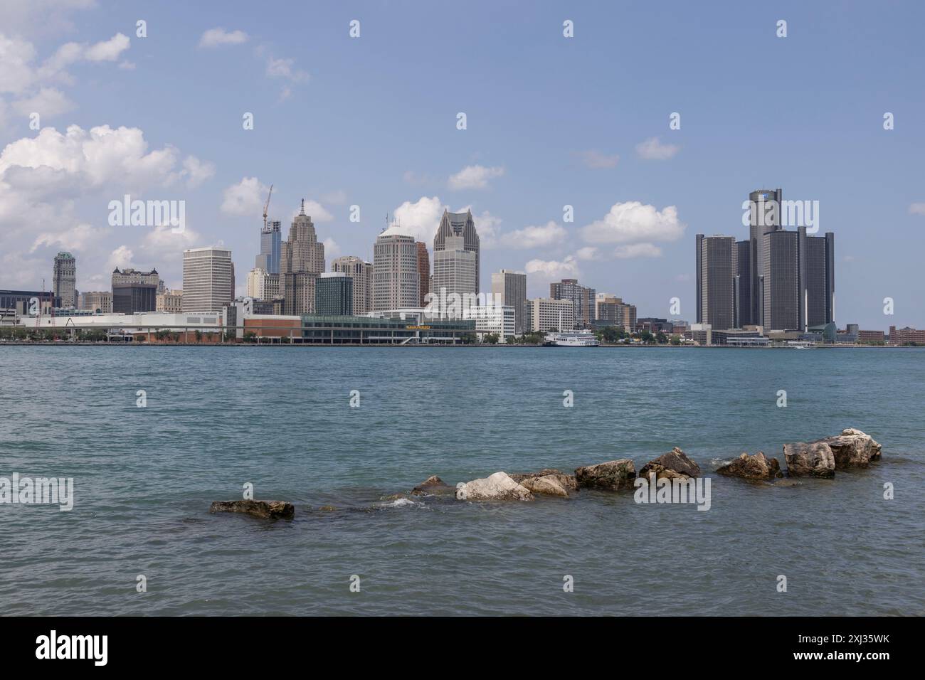 Detroit - July 12, 2024: Detroit Downtown skyline waterfront including ...