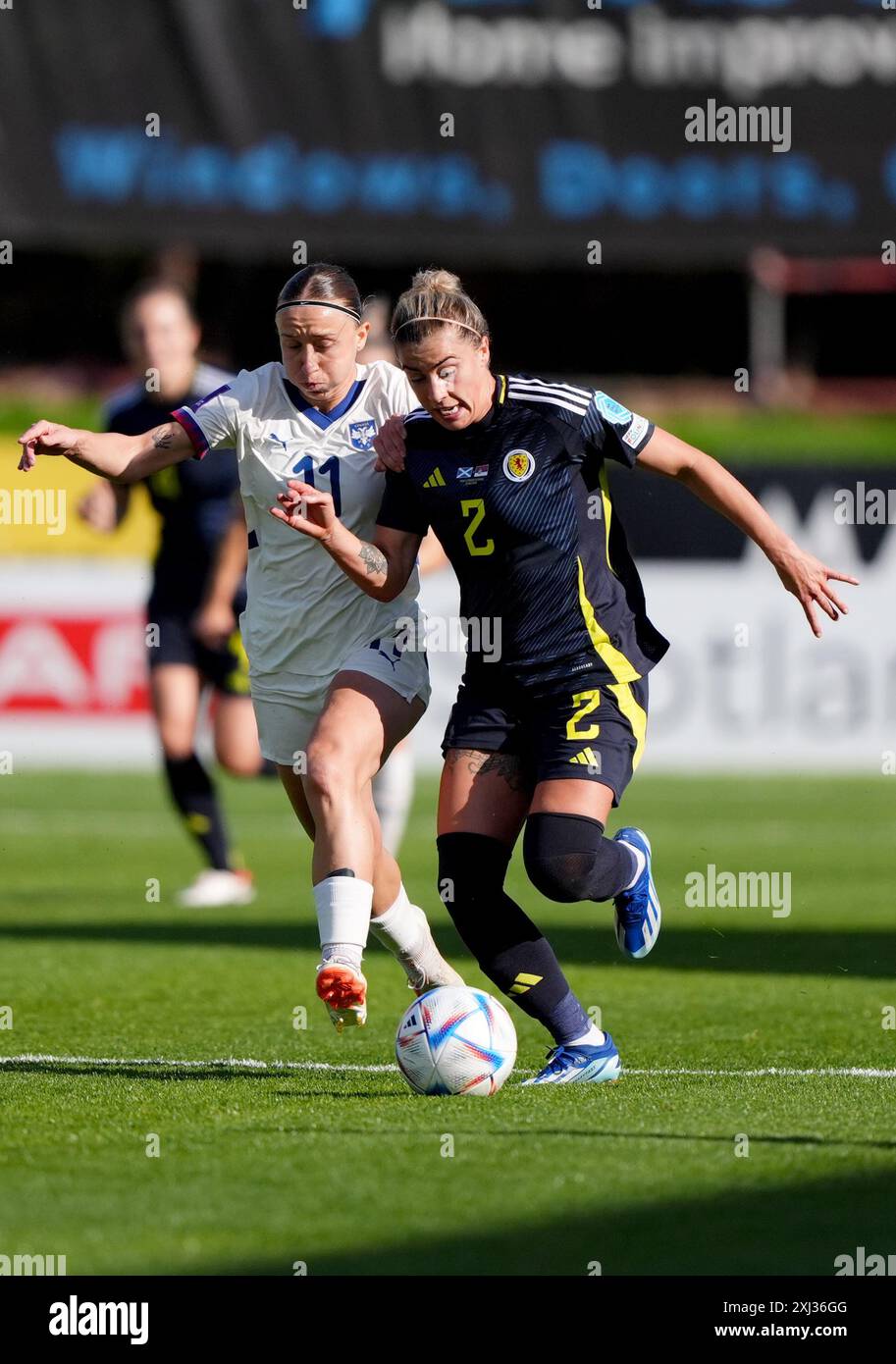 Scotland's Nicola Docherty (right) is challanged by Serbia's Miljana ...