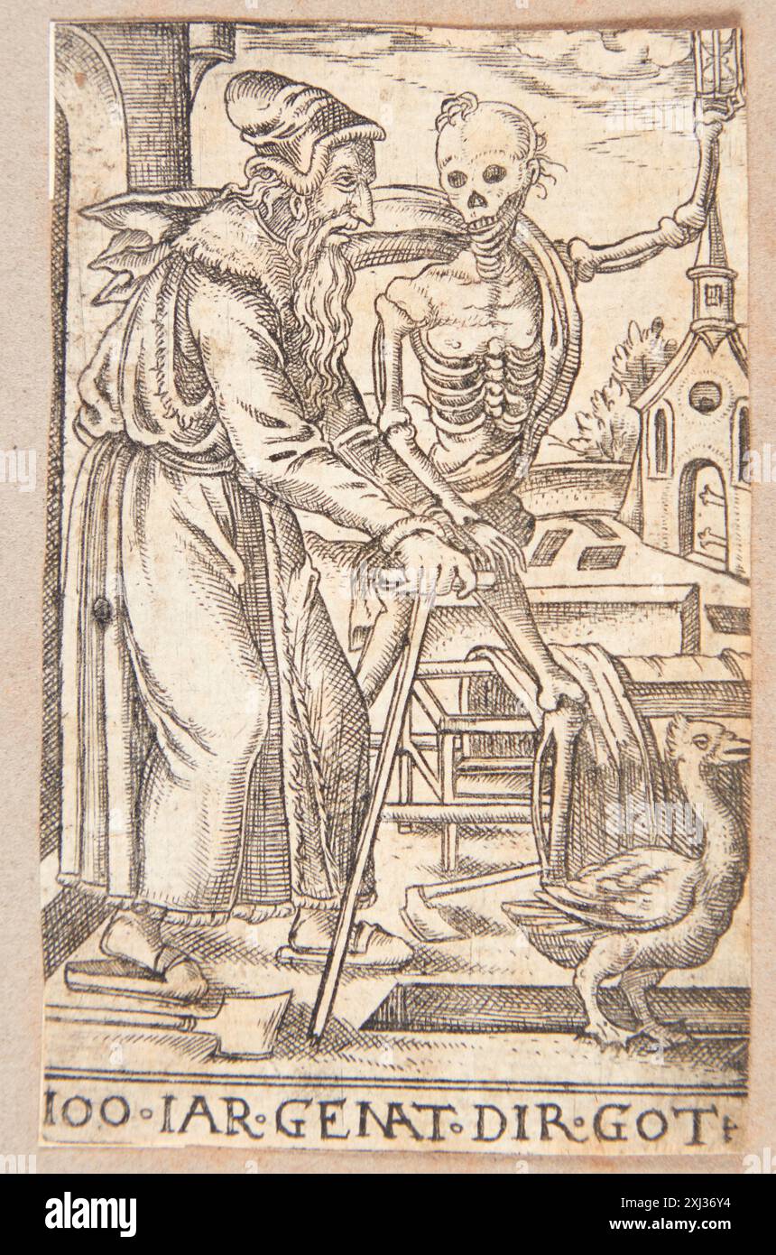 Etching by Balthasar Jenichen showing a person at 100 years of age ...
