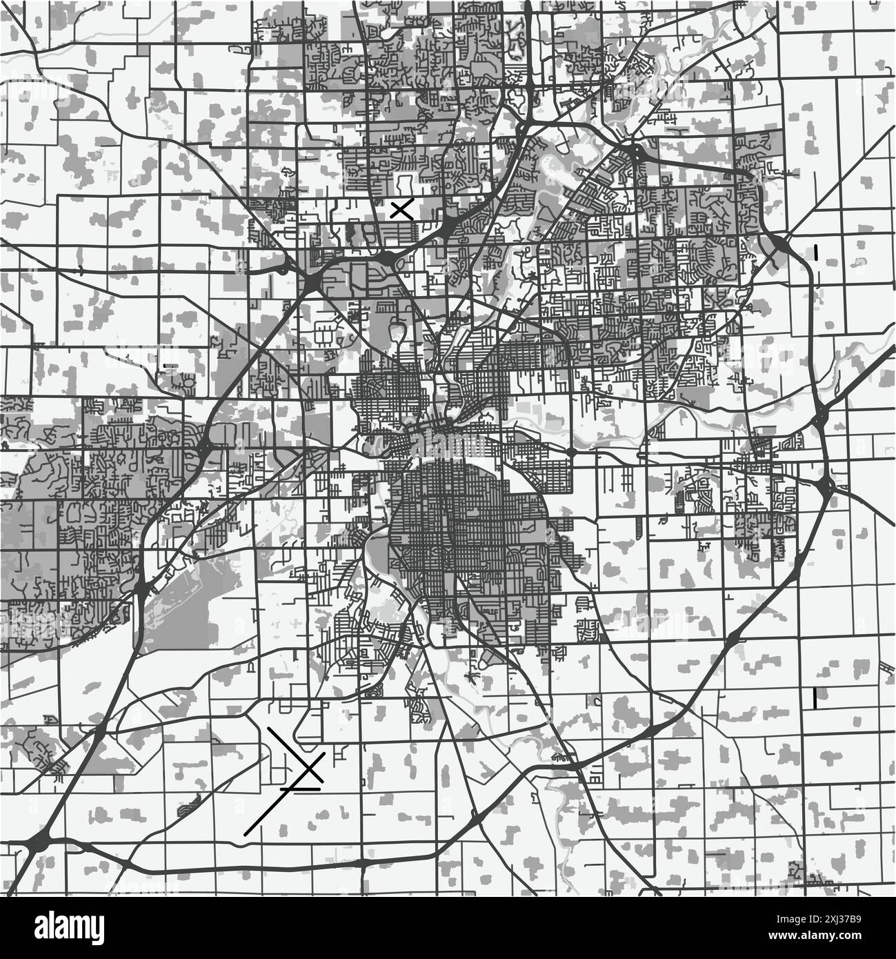 Map of Fort Wayne in Indiana in grayscale. Contains layered vector with ...