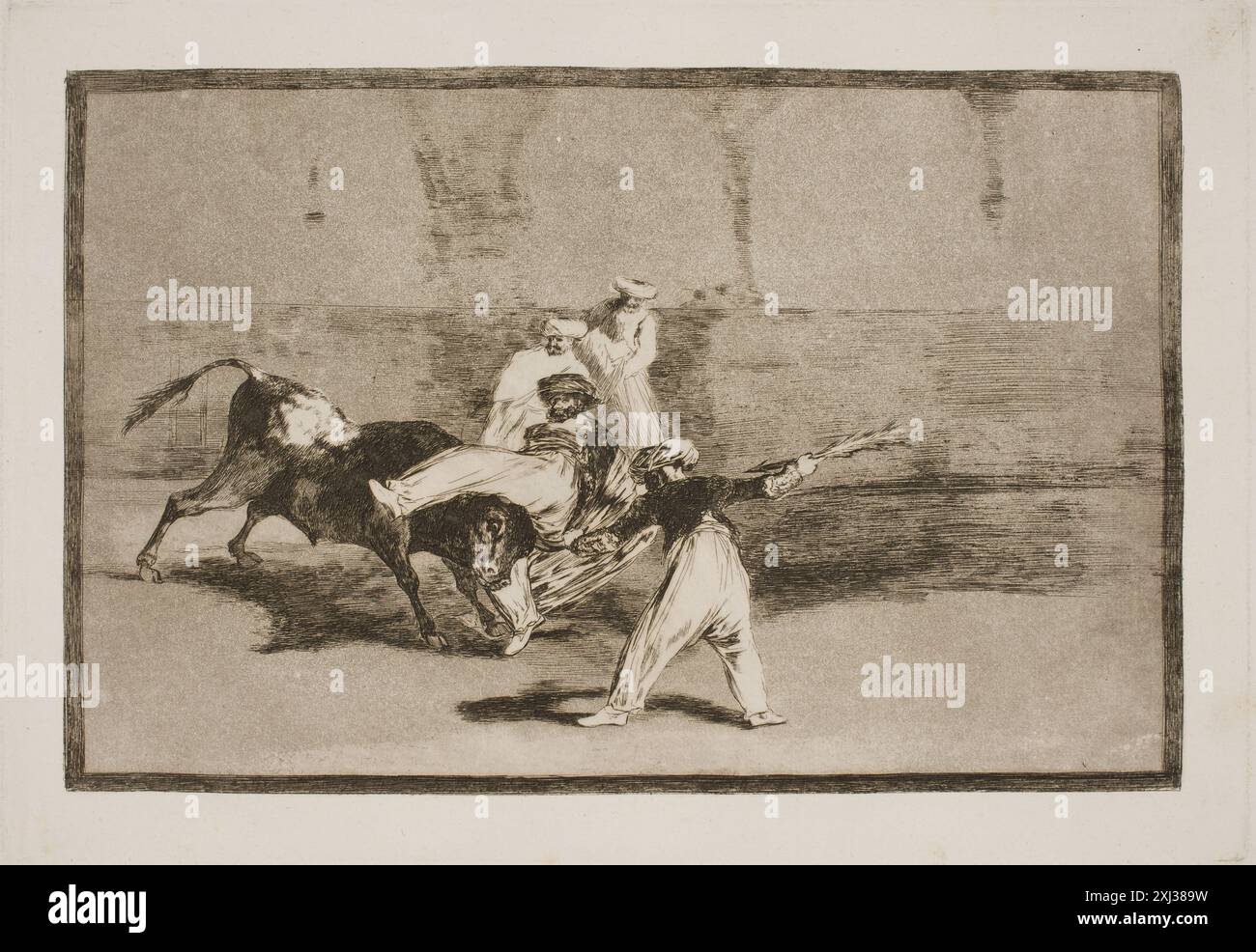 Goya depicts a man, possibly a maurer, being caught by a bull in the ...