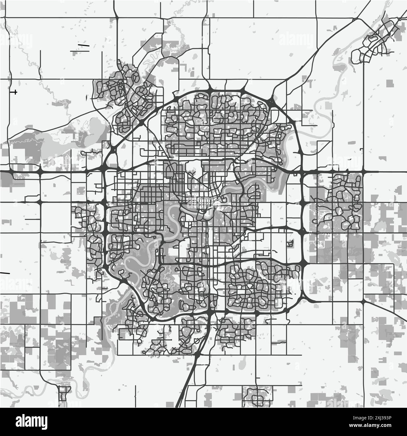 Map of Edmonton in Canada in grayscale. Contains layered vector with ...