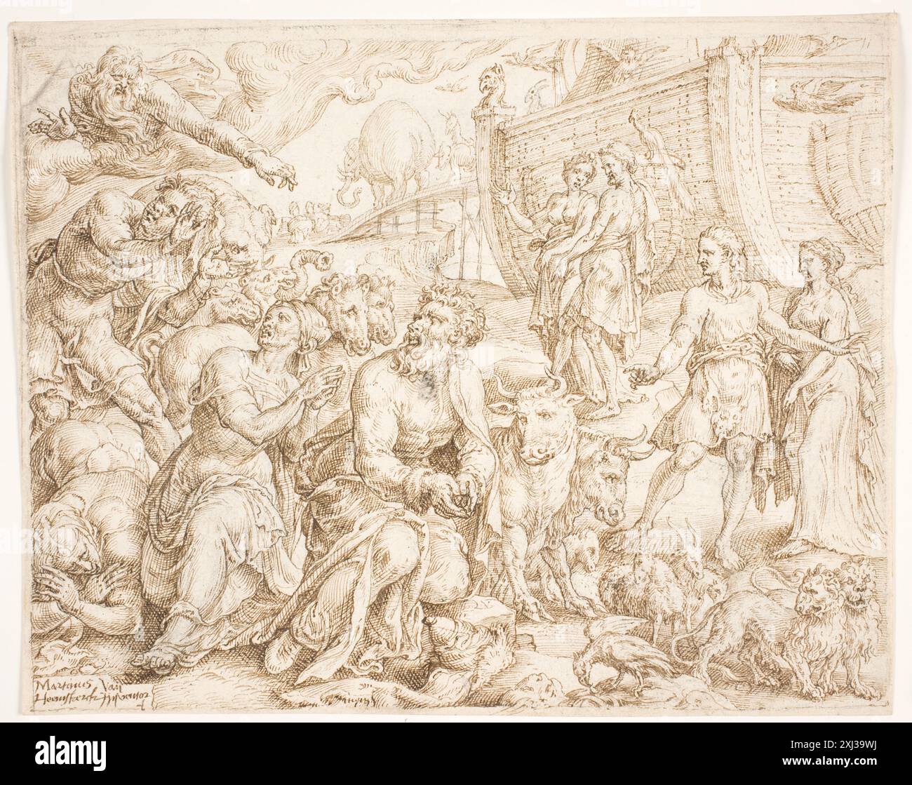 Etching by Maarten van Heemskerck showing Noah emerging from the Ark ...
