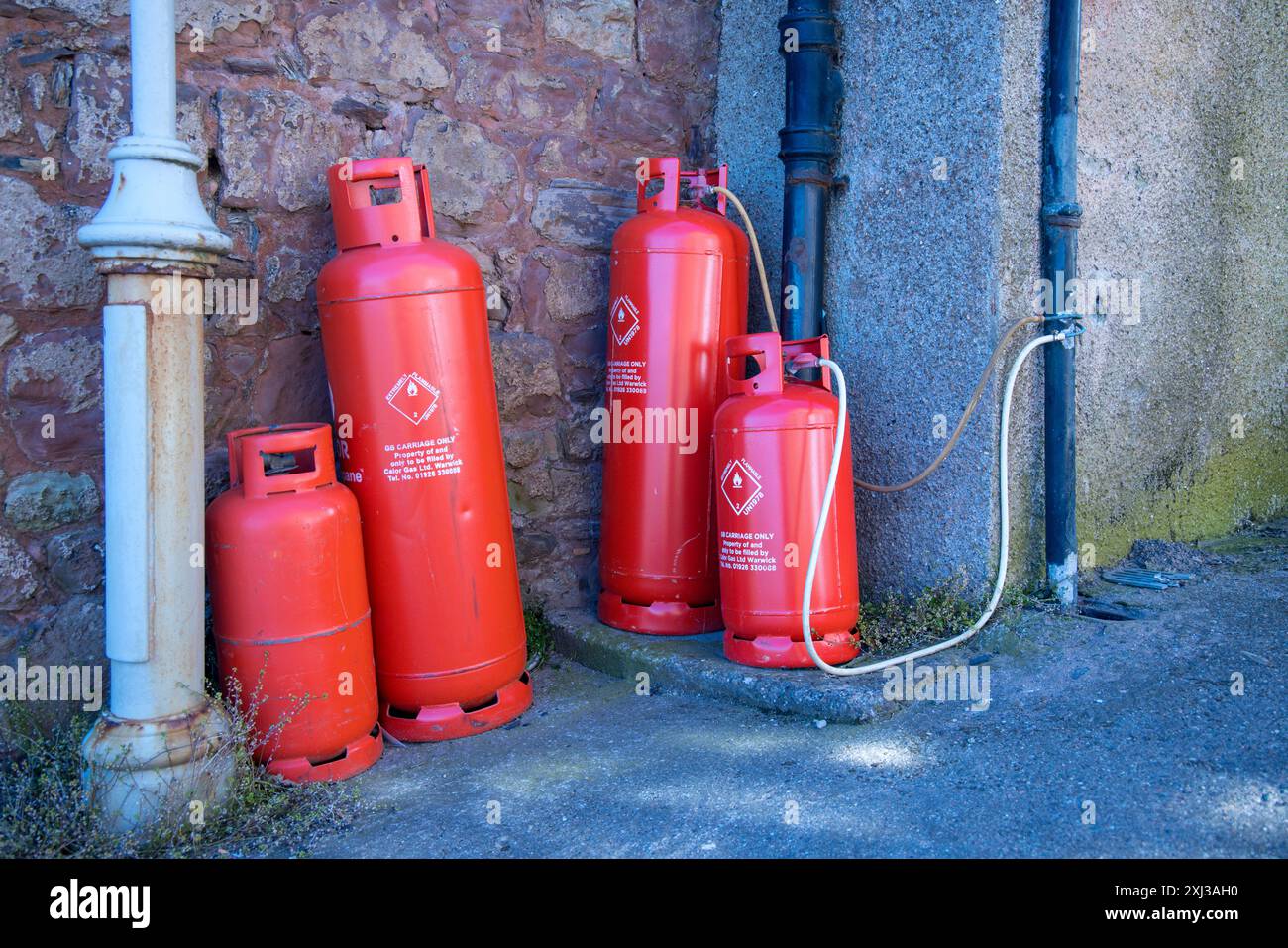 Bright red gas cylinders, gas cannisters standing against a wall in a ...