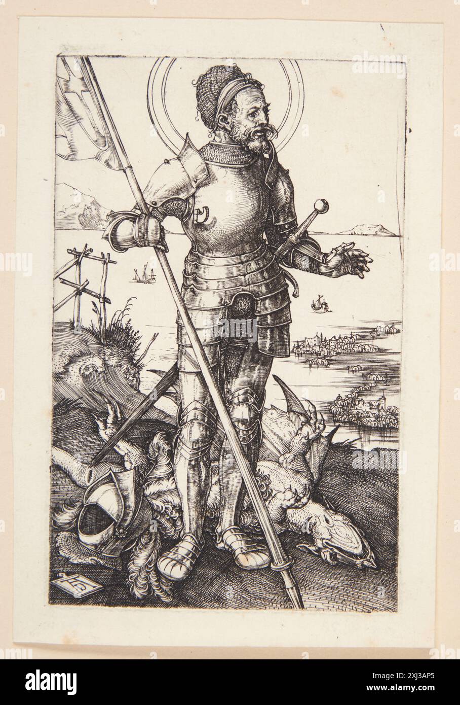 A copper engraving by Albrecht Dürer depicting St. Georg on foot ...