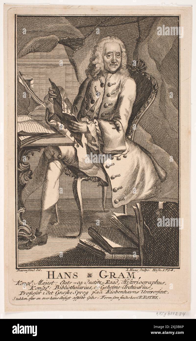 Copper engraving portraying Hans Gram with detailed facial features ...