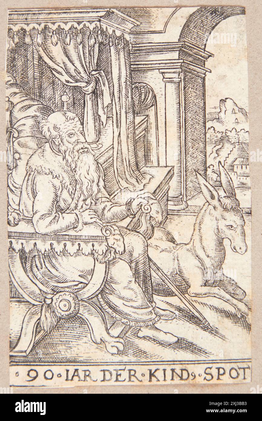 Etching by Balthasar Jenichen showing a person at 90 years of age ...