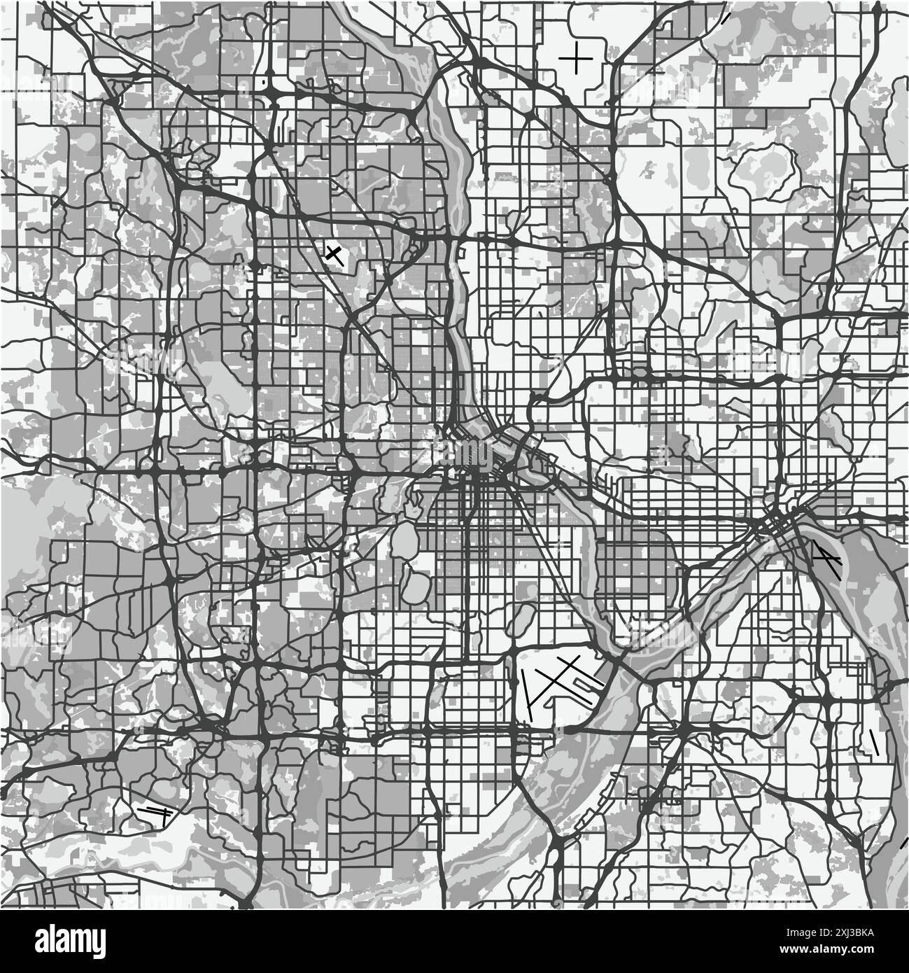 Map of Minneapolis in Minnesota in grayscale. Contains layered vector ...