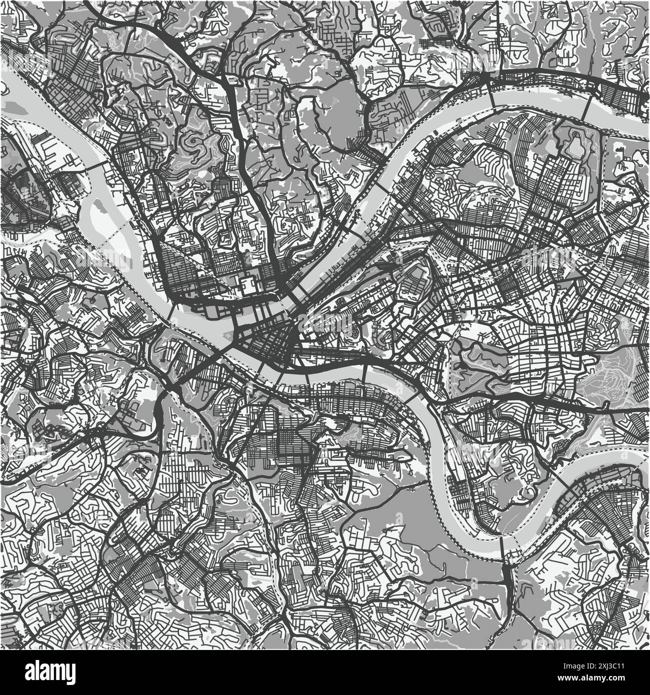 Map of Pittsburgh in Pennsylvania in grayscale. Contains layered vector ...