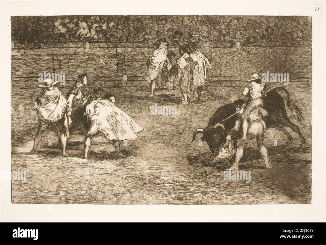 A bullfighter, sitting on the shoulders of a helper, stangering a bull ...