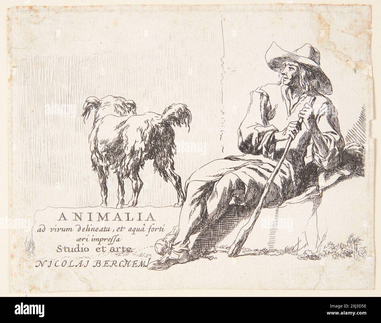 Etching by Nicolaes Berchem depicting a shepherd with his dog on the title page of a series on ...