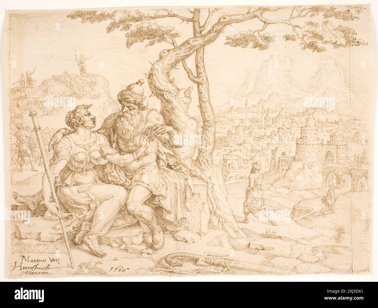 Depicts the biblical story of Judah and Tamar, drawn by Maarten van ...
