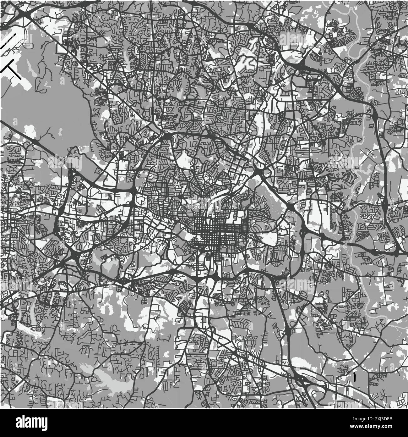Map of Raleigh in North Carolina in grayscale. Contains layered vector with roads water, parks ...