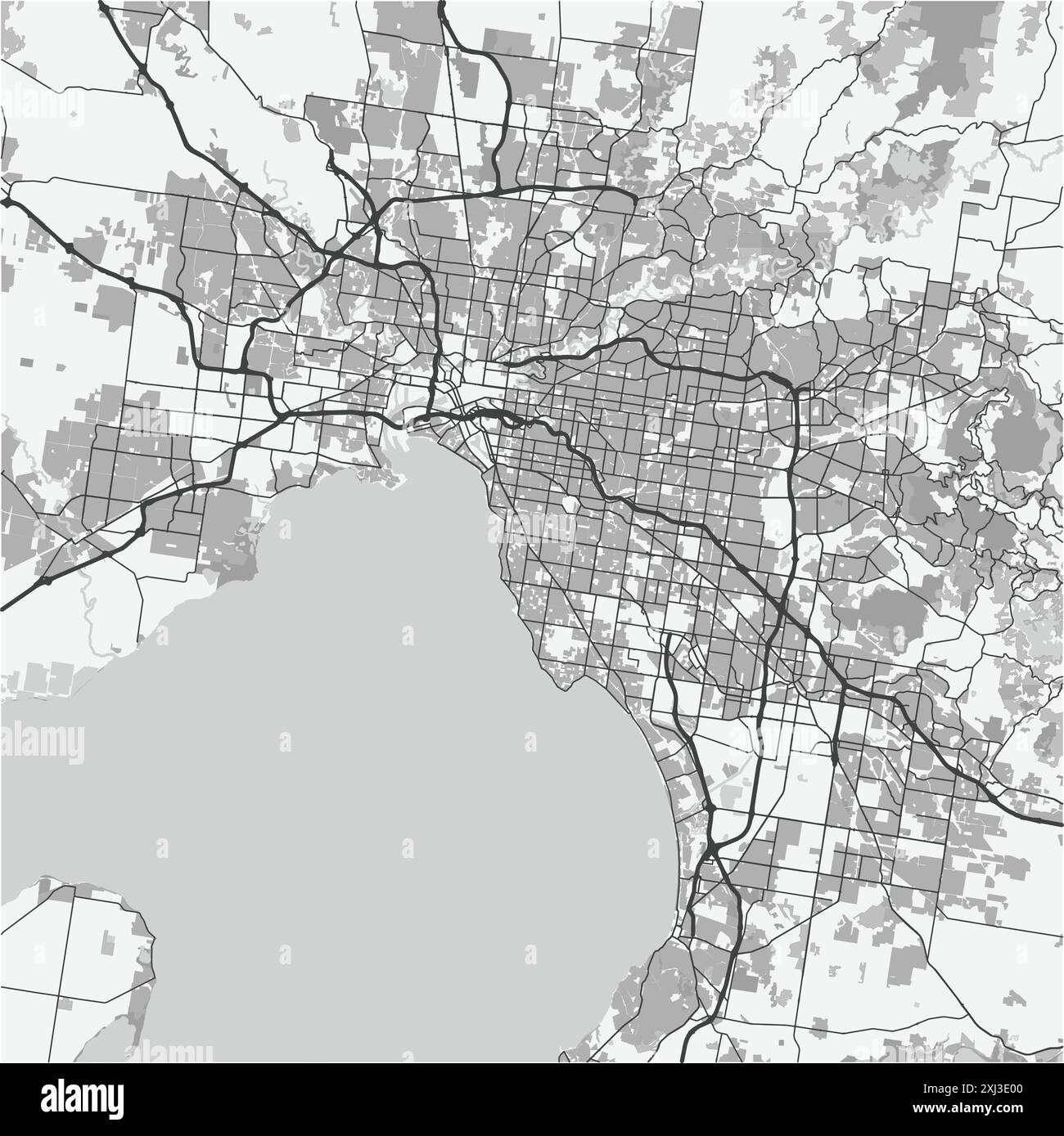 Map of Melbourne in Australia in grayscale. Contains layered vector with roads water, parks, etc ...