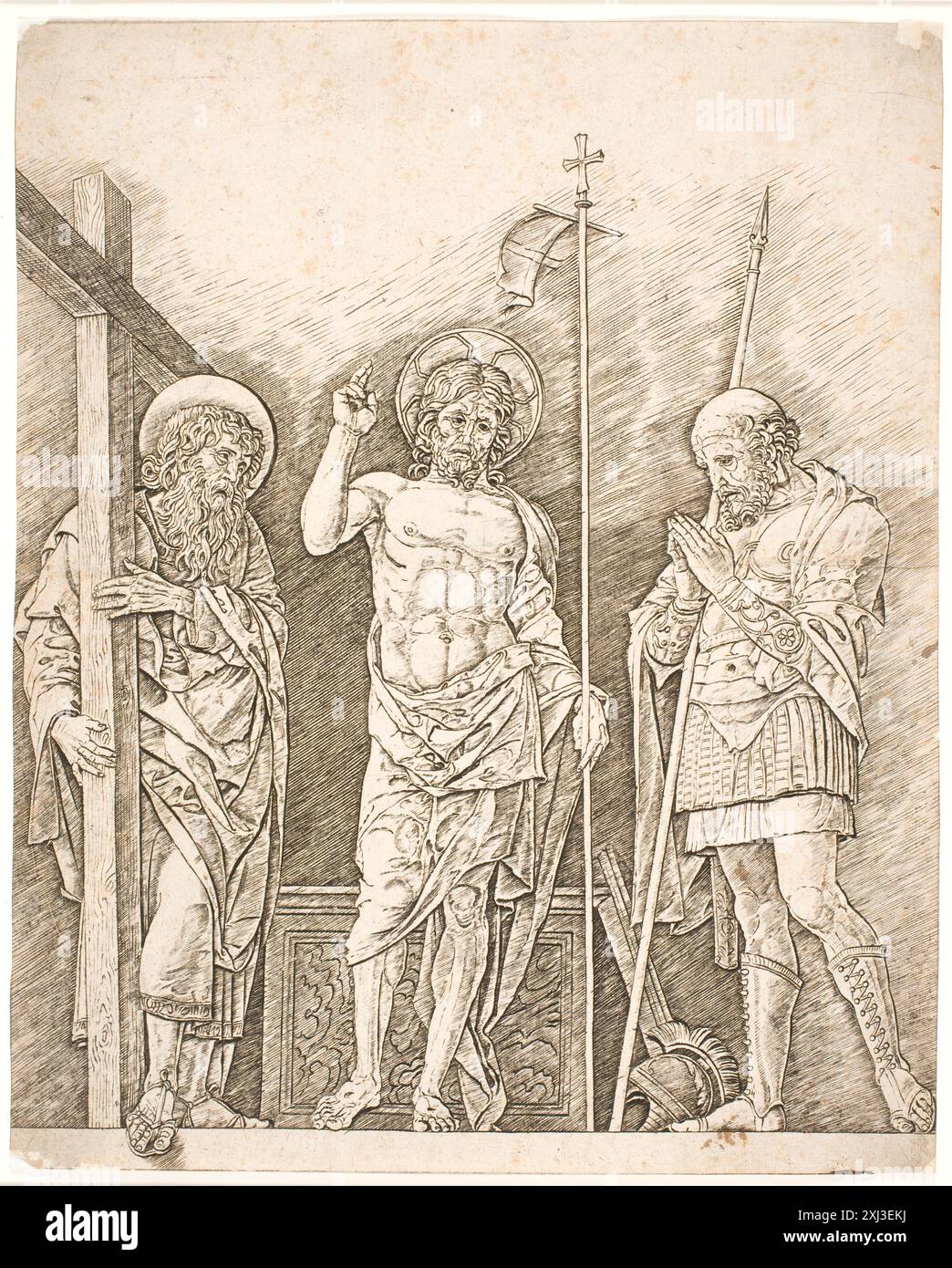 Mantegna’s copper engraving shows the resurrected Christ, focusing on ...