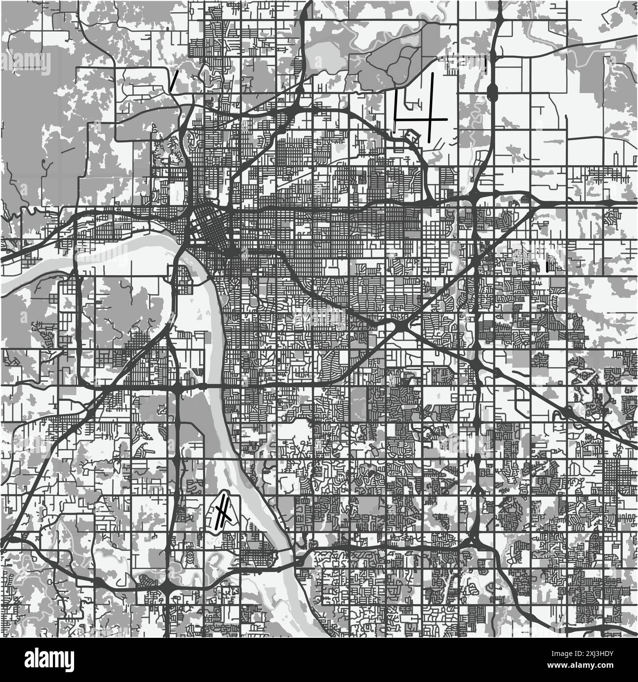 Map of Tulsa in Oklahoma in grayscale. Contains layered vector with ...