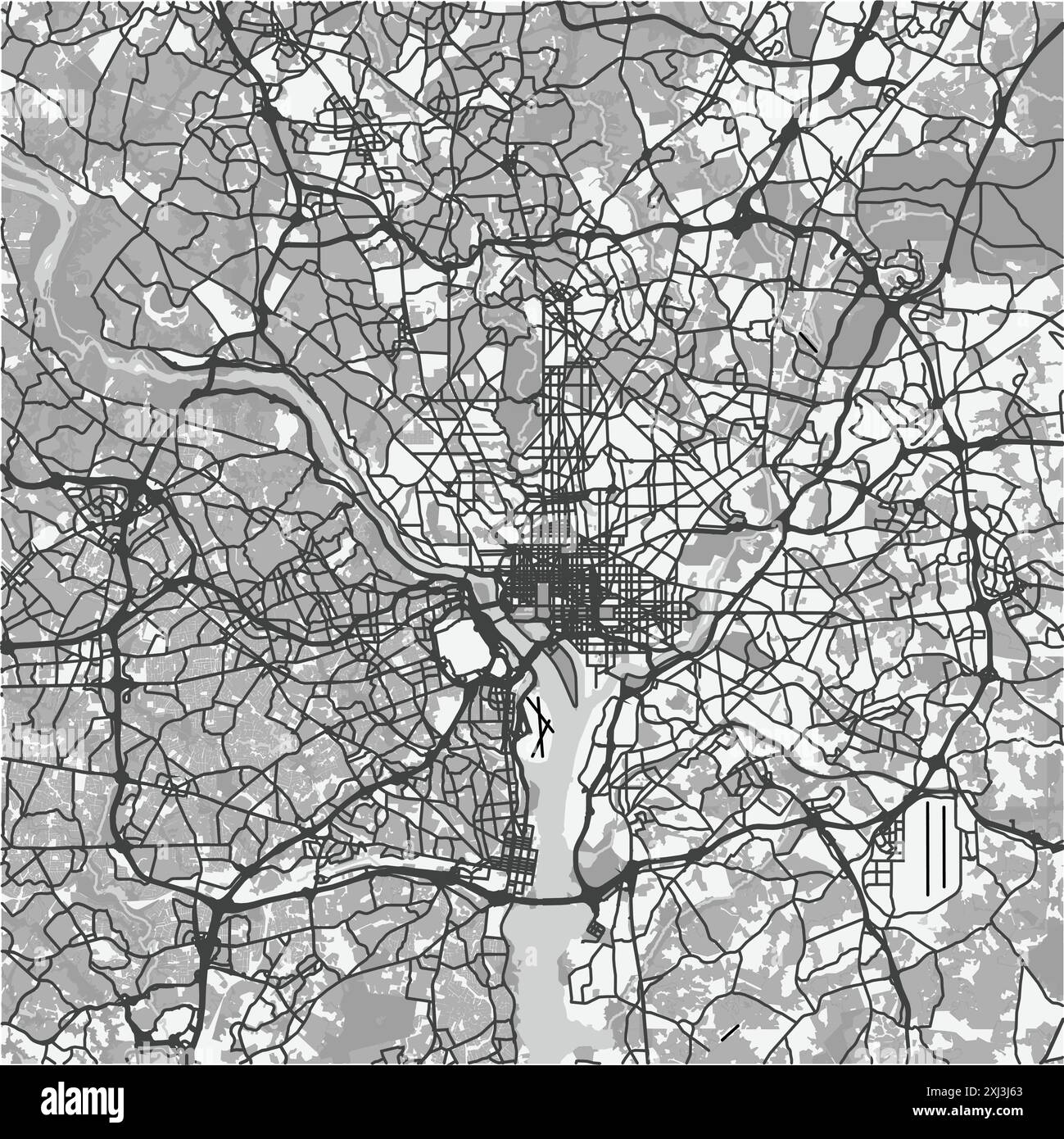 Map of Washington in District of Columbia in grayscale. Contains layered vector with roads water ...