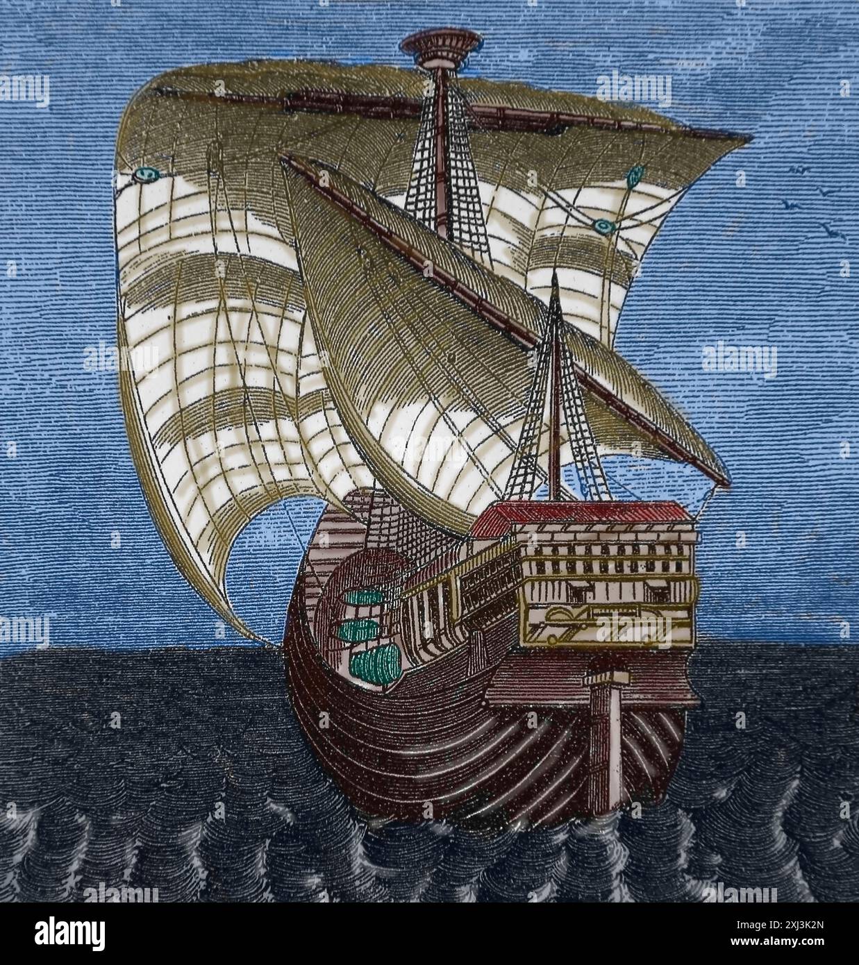 Navigation history. 14th century. Europe. Merchant vessel. Engraving ...