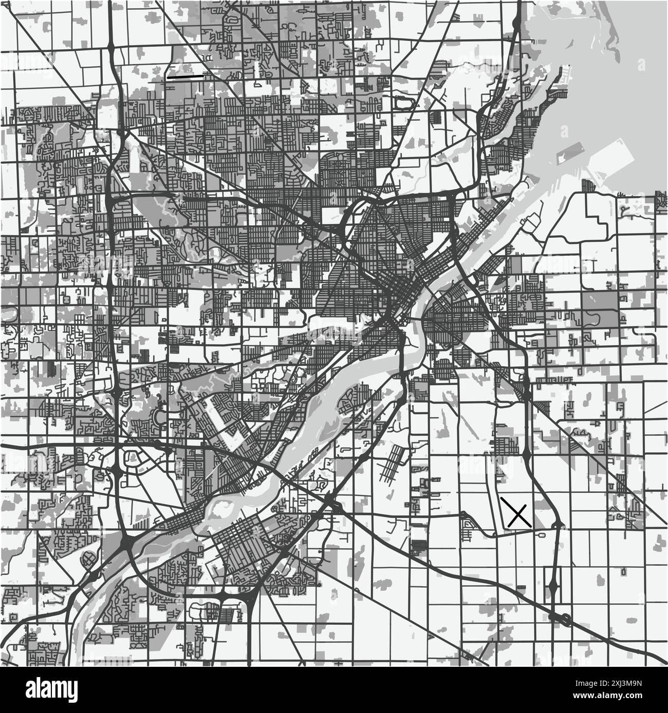 Map of Toledo in Ohio in grayscale. Contains layered vector with roads ...