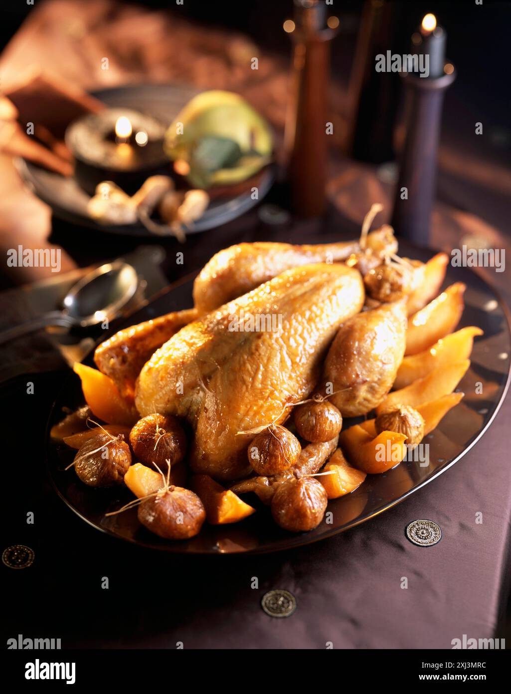 Turkey with chestnuts and peaches Stock Photo - Alamy