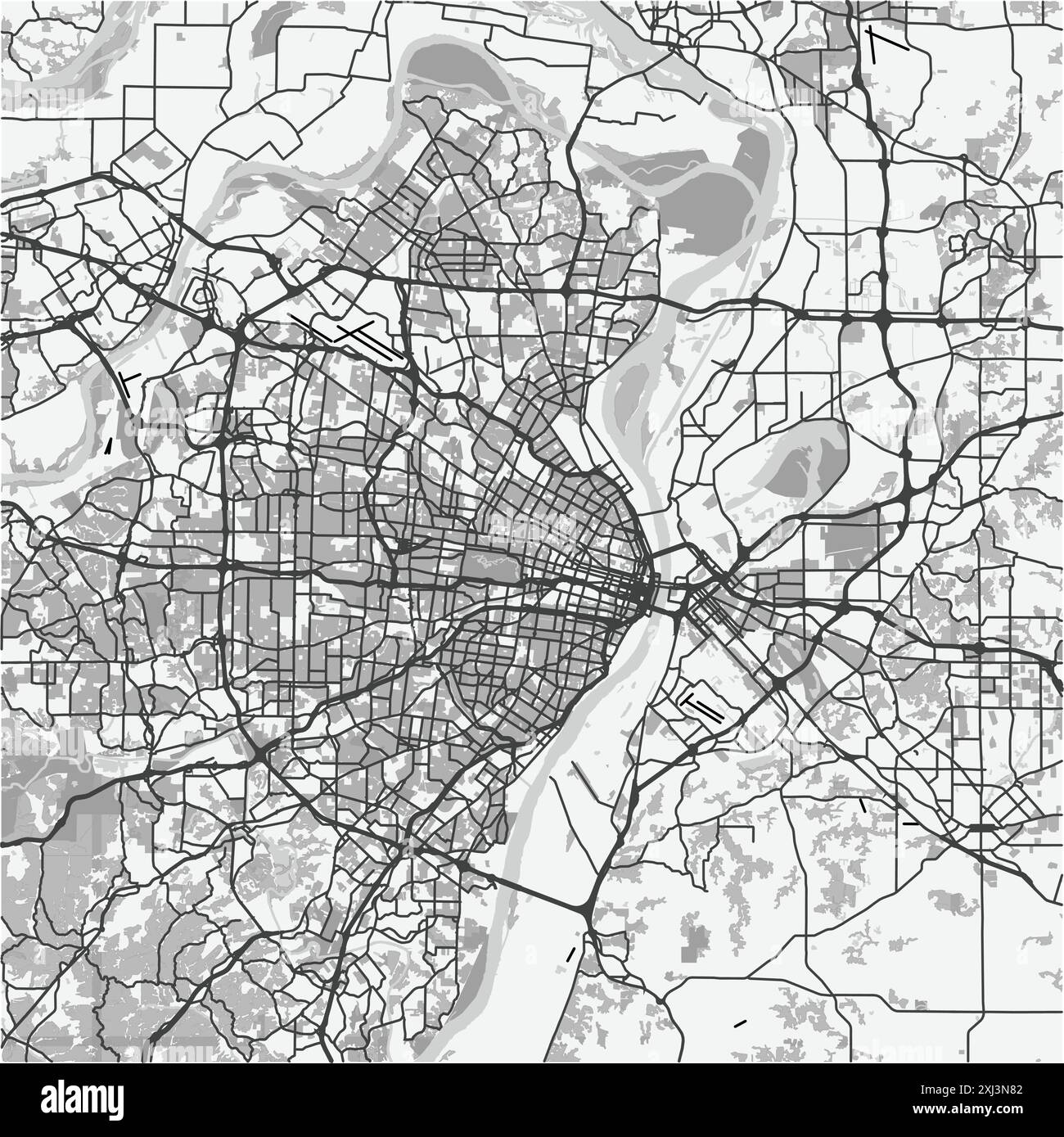 Map of St. Louis in Missouri in grayscale. Contains layered vector with ...