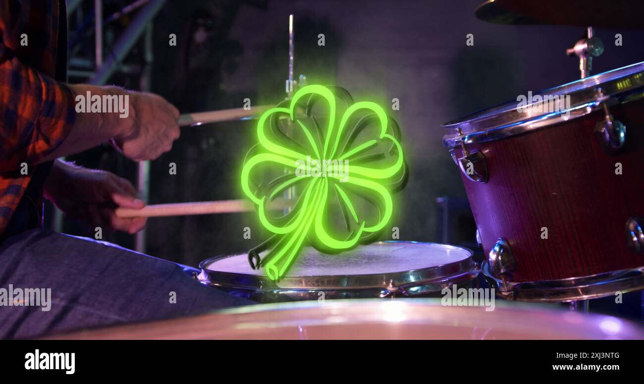 Image of st patrick's day green shamrock neon over drummer on stage. St ...
