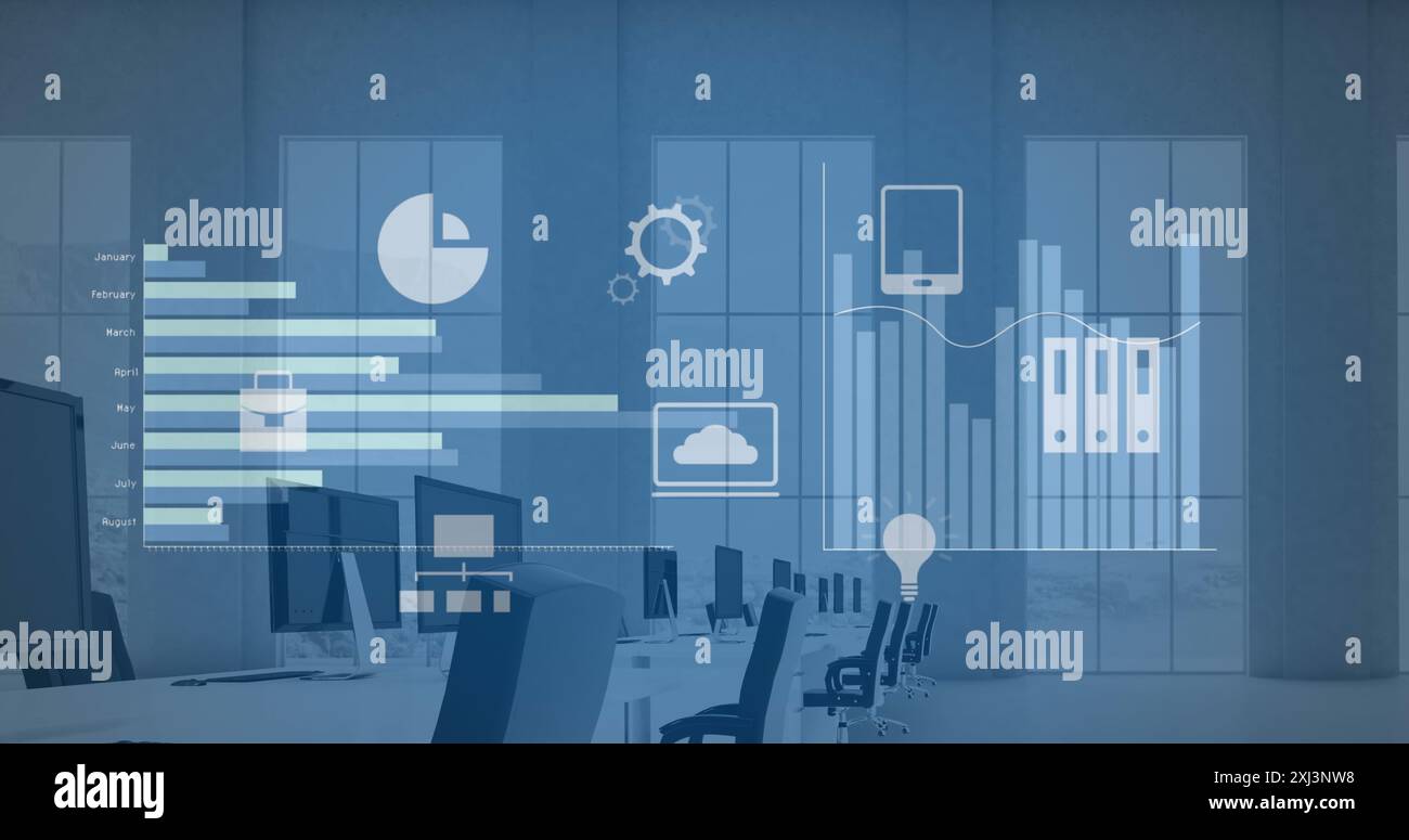 Image of statistical data processing and digital icons against empty office. Computer interface ...