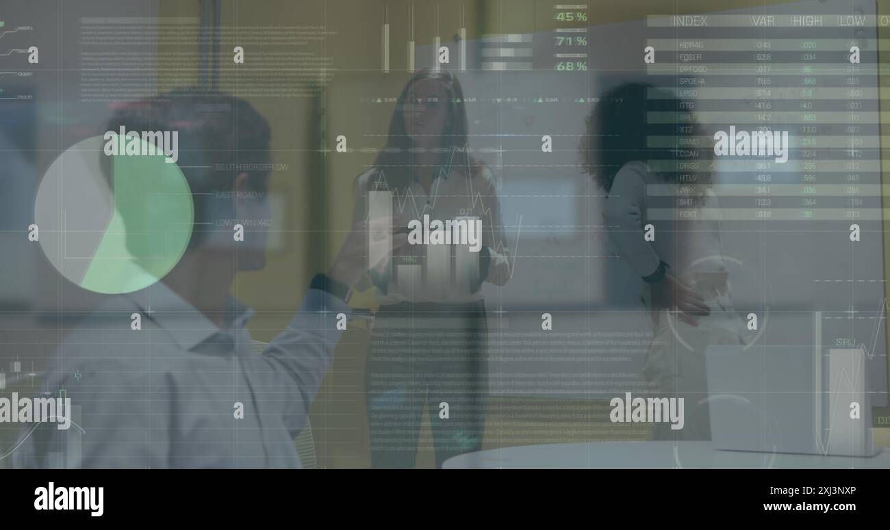 Image of statistical data processing over two diverse women discussing ...
