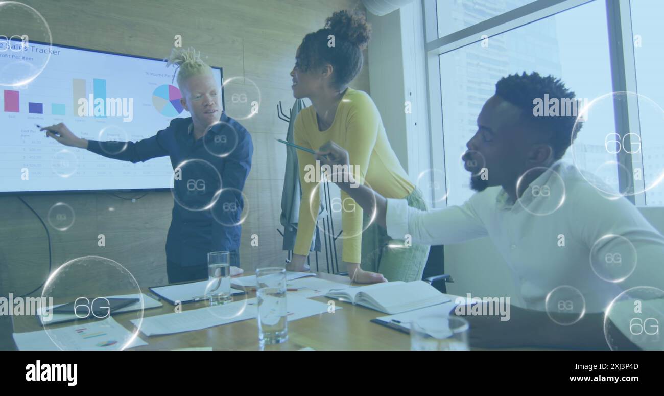 Image of multiple 6g round text banners over diverse colleagues ...