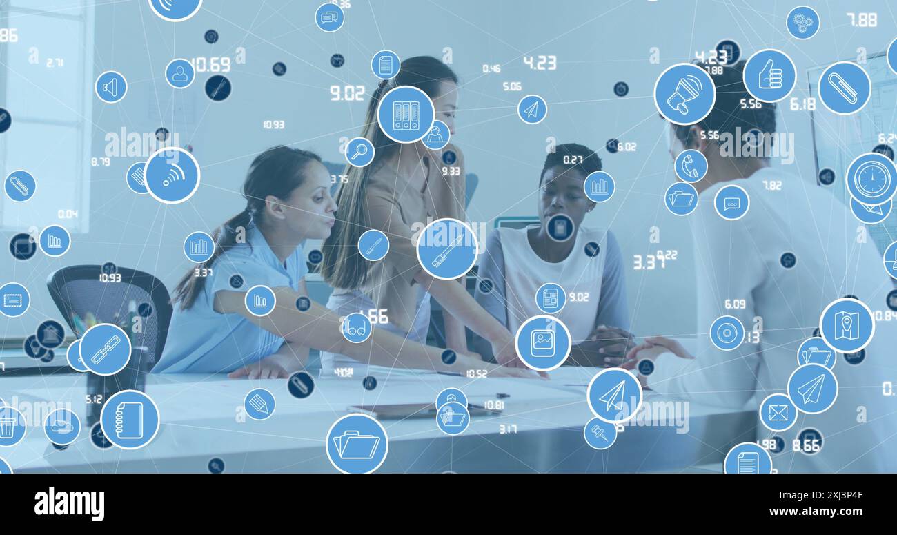 Image of connected computer icons and numbers over diverse women ...