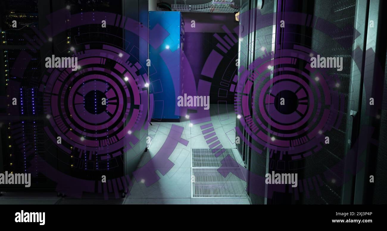 Image of two purple round scanner spinning against computer server room ...