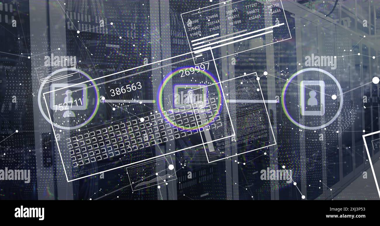 Image of media icons and shapes over data processing and server room ...