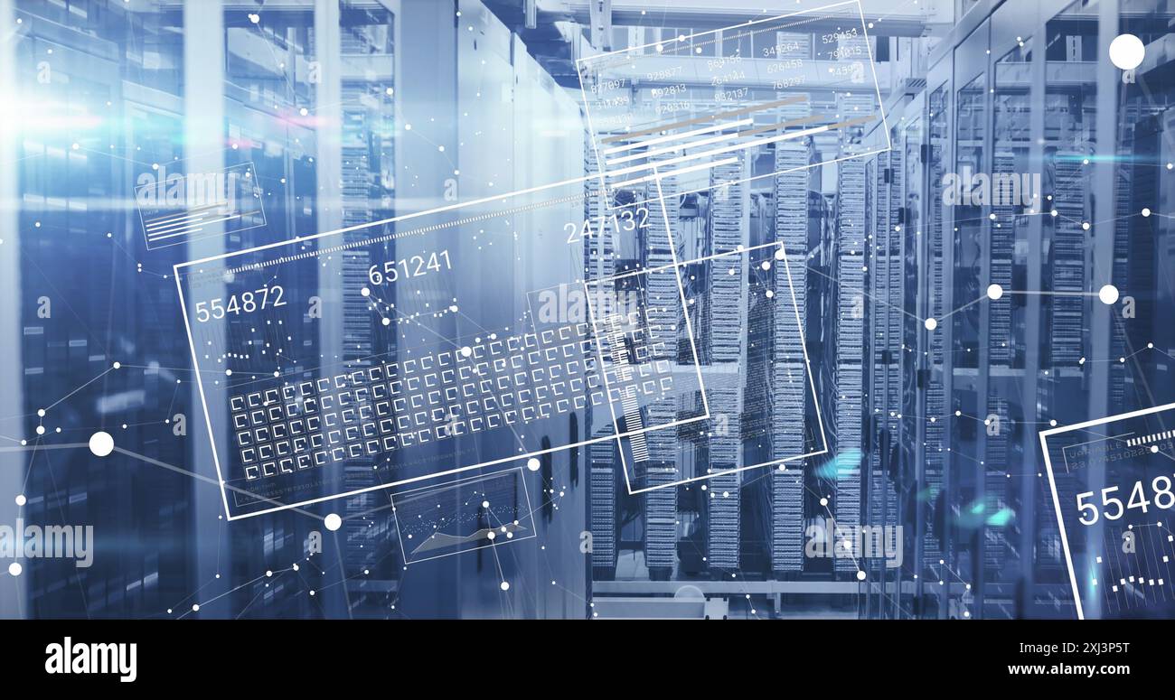 Image of changing numbers loading bars and squares over server room in background. Digital ...