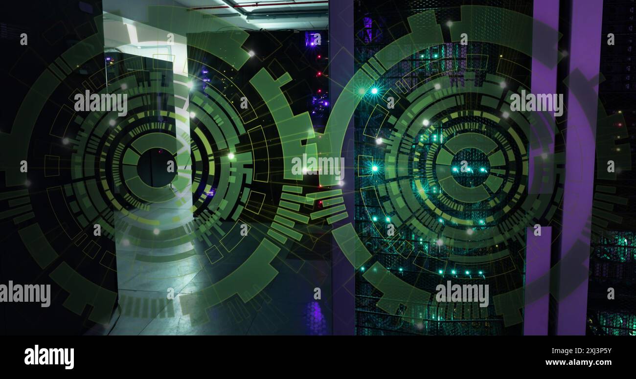 Image of two green round scanner spinning against computer server room ...